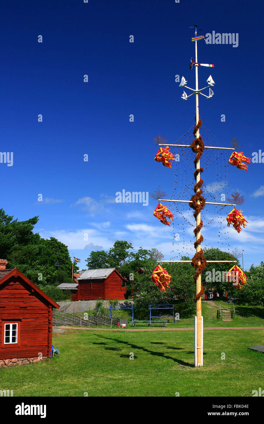 Mariehamn Åland Kastelholm, wooden red houses & Midsummer Pole, Finland ...