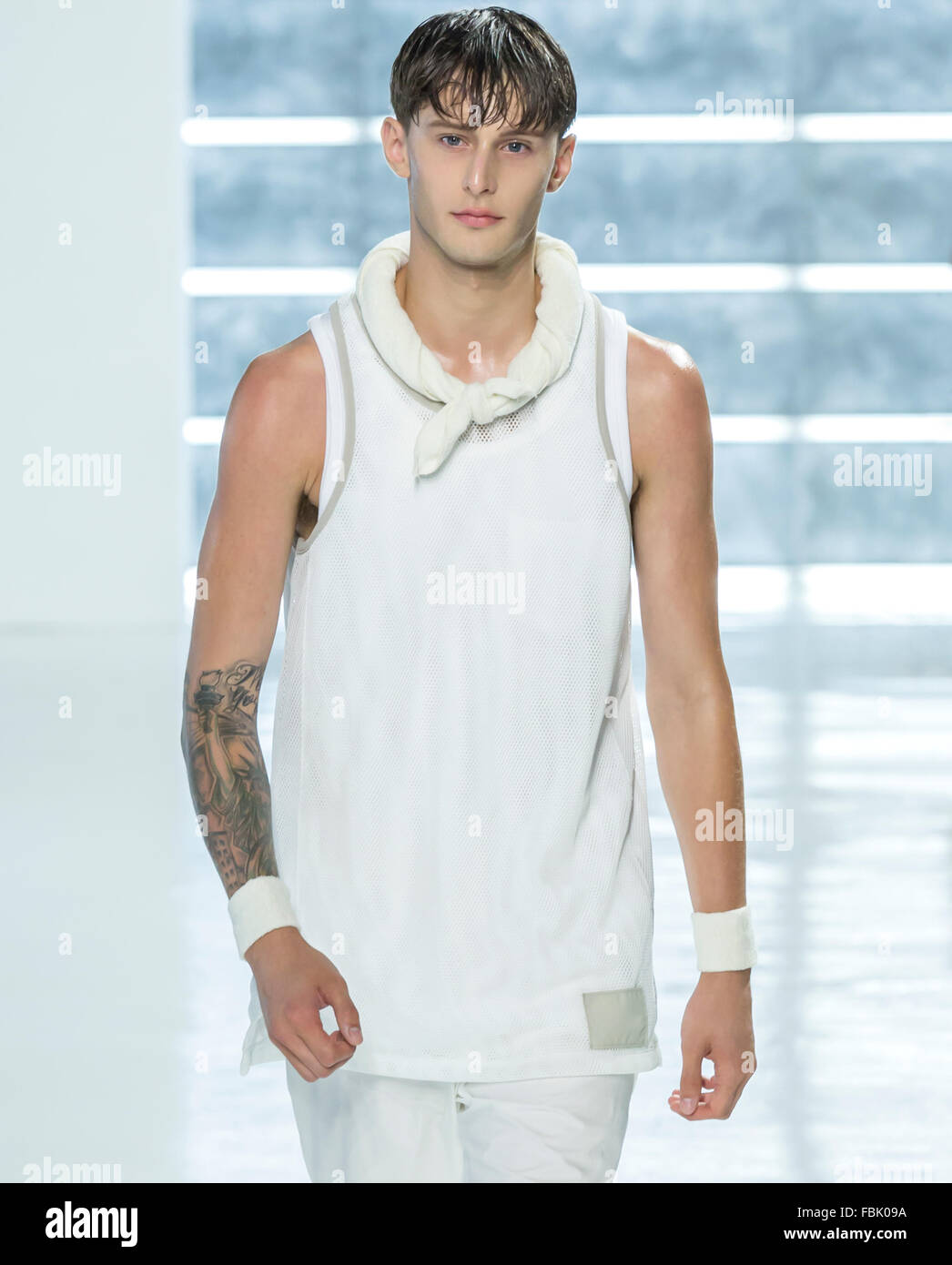 NEW YORK, NY - JULY 15, 2015: Jeremy Matos walks the runway during John ...