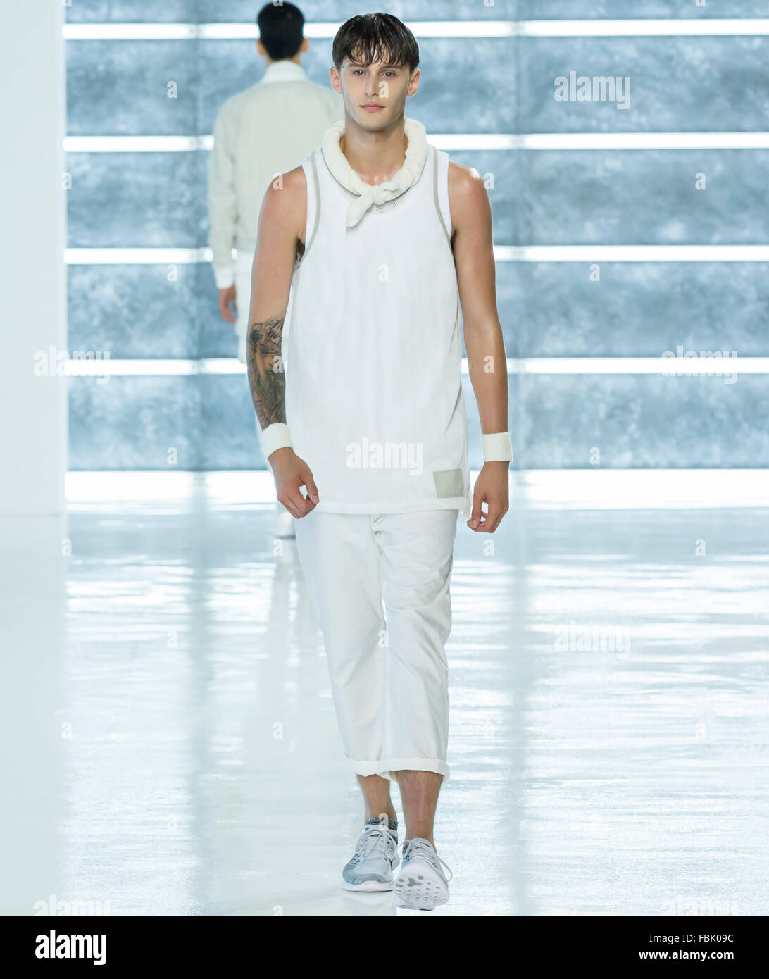 NEW YORK, NY - JULY 15, 2015: Jeremy Matos walks the runway during John ...