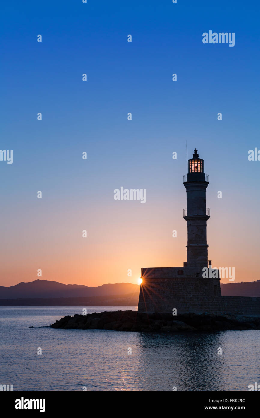 Chania lighthouse at sunrise, Chania, Crete, Greece Stock Photo - Alamy