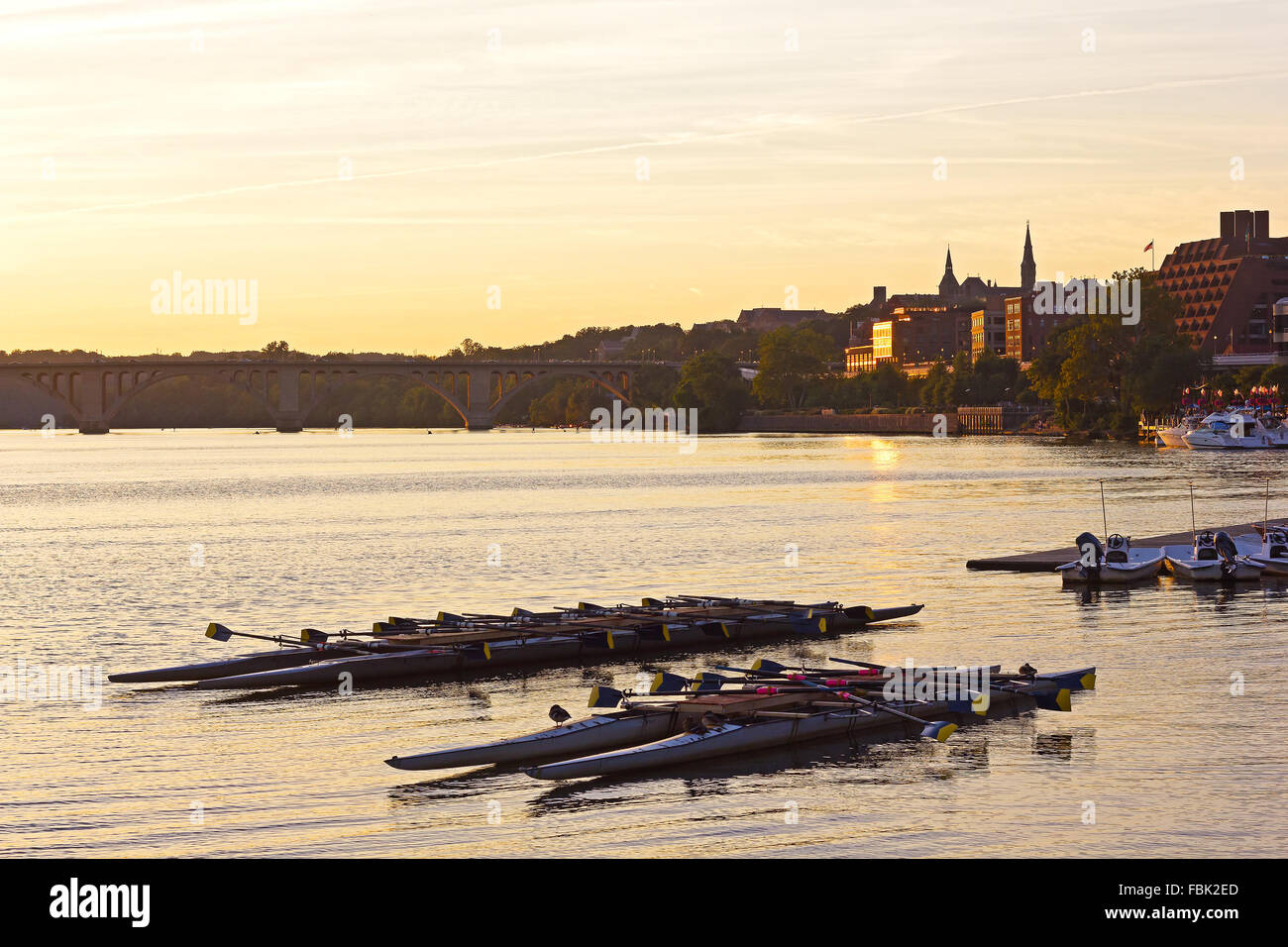 Potomac River near Georgetown waterfront at sunset in Washington DC ...