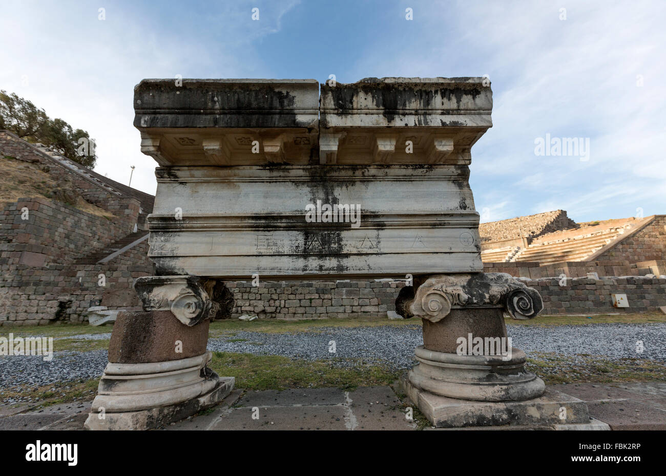 Cornice with Greek theatre in the Roman theatre in Sanctuary of ...