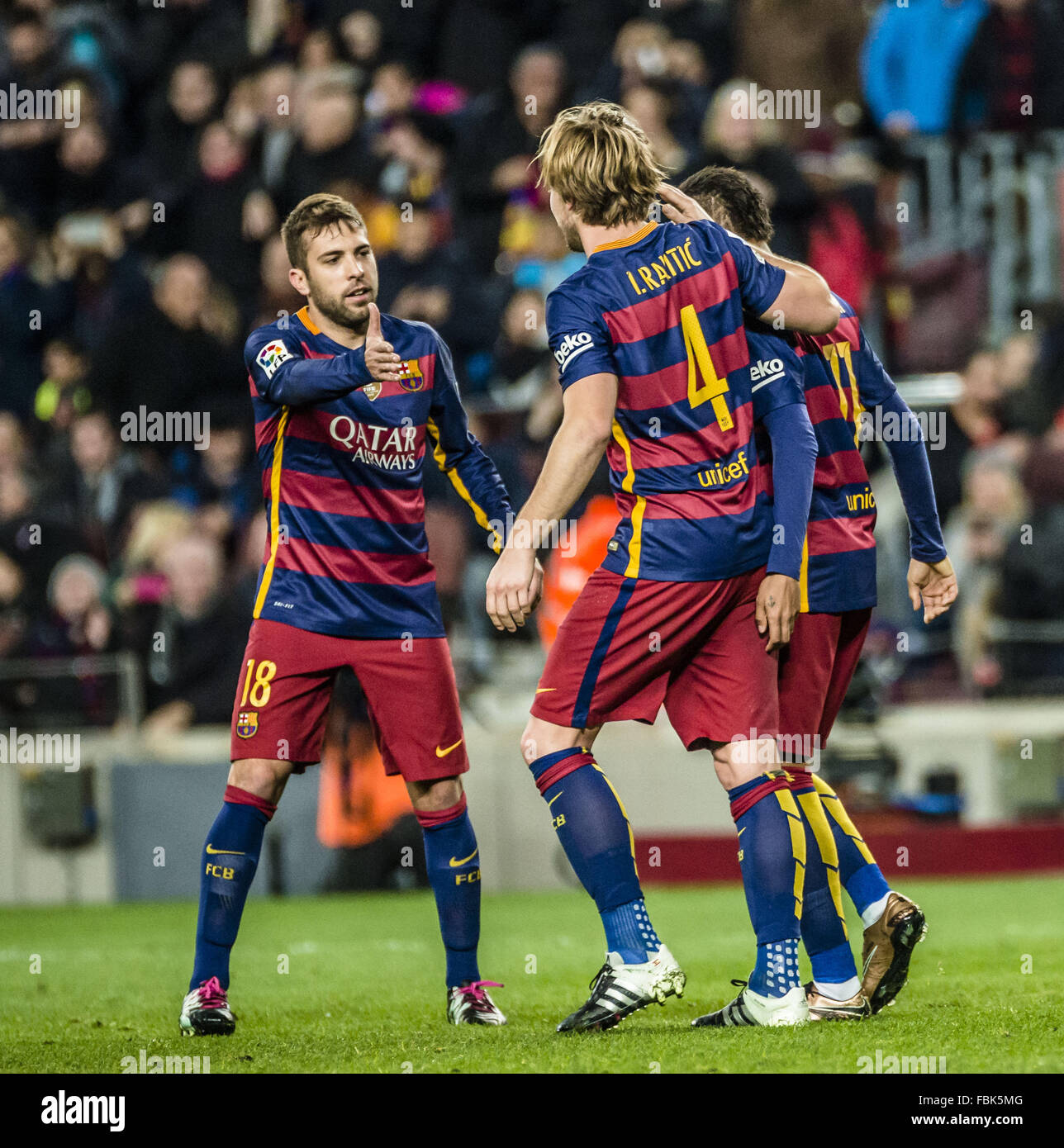 Barcelona Catalonia Spain. 17th Jan 2016. FC Barcelona s midfielder I. RAKITIC celebrates his goal with teammates during the BBVA league match against Athletic Club at the Camp Nou stadium in Barcelon...