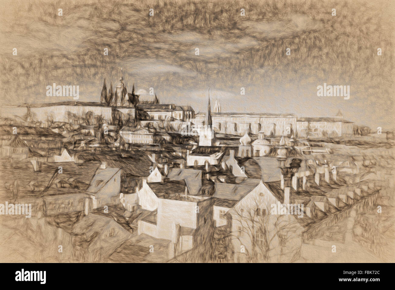 Digital sketch of famous Prague panorama with Prague Castle Stock Photo ...