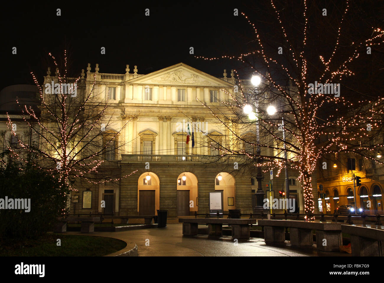 La Scala opera house in night. Milan, Italy. The most famous italian ...
