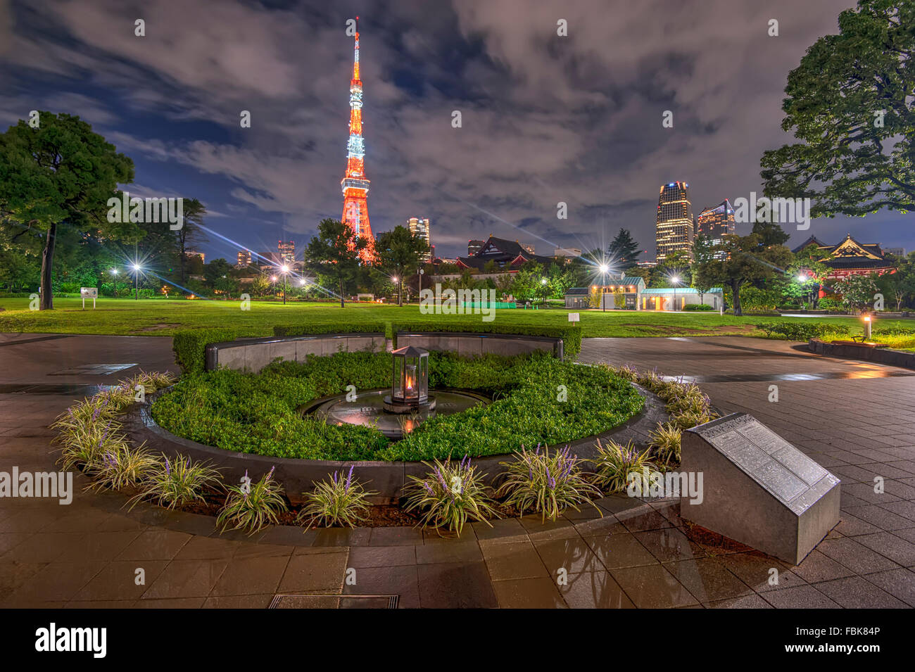 The Tokyo Tower view from a park within the Tokyo city, Japan at night ...
