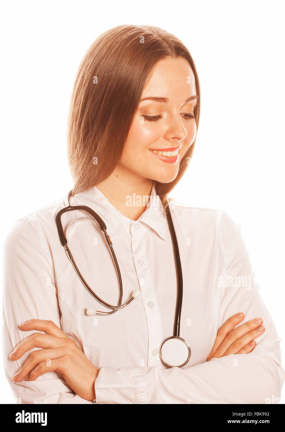 young pretty woman doctor with stethoscope on white background Stock ...