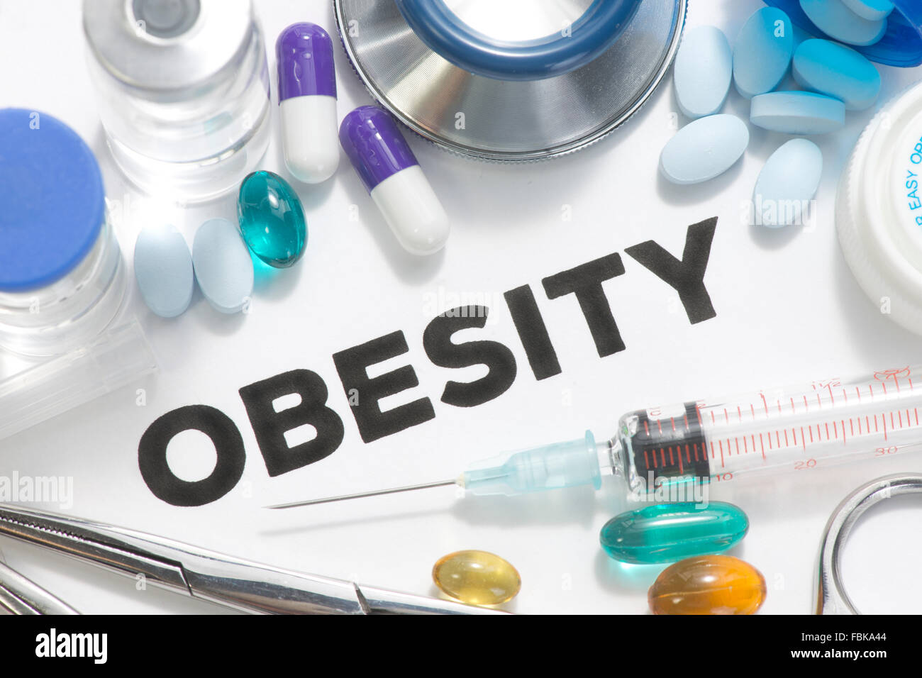 Obesity concept photo with pills, vials, syringe and surgical ...