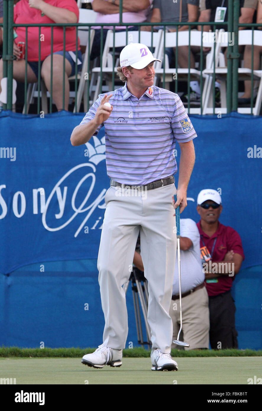 January 16, 2016 - Brandt Snedeker motions to the gallery on the 17th ...