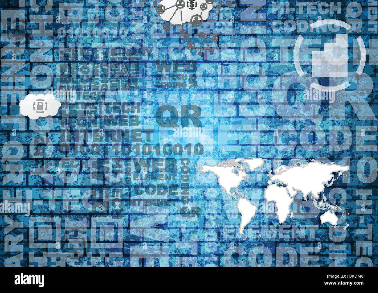 Blue abstract tech background with words and world map. Vector graphic ...
