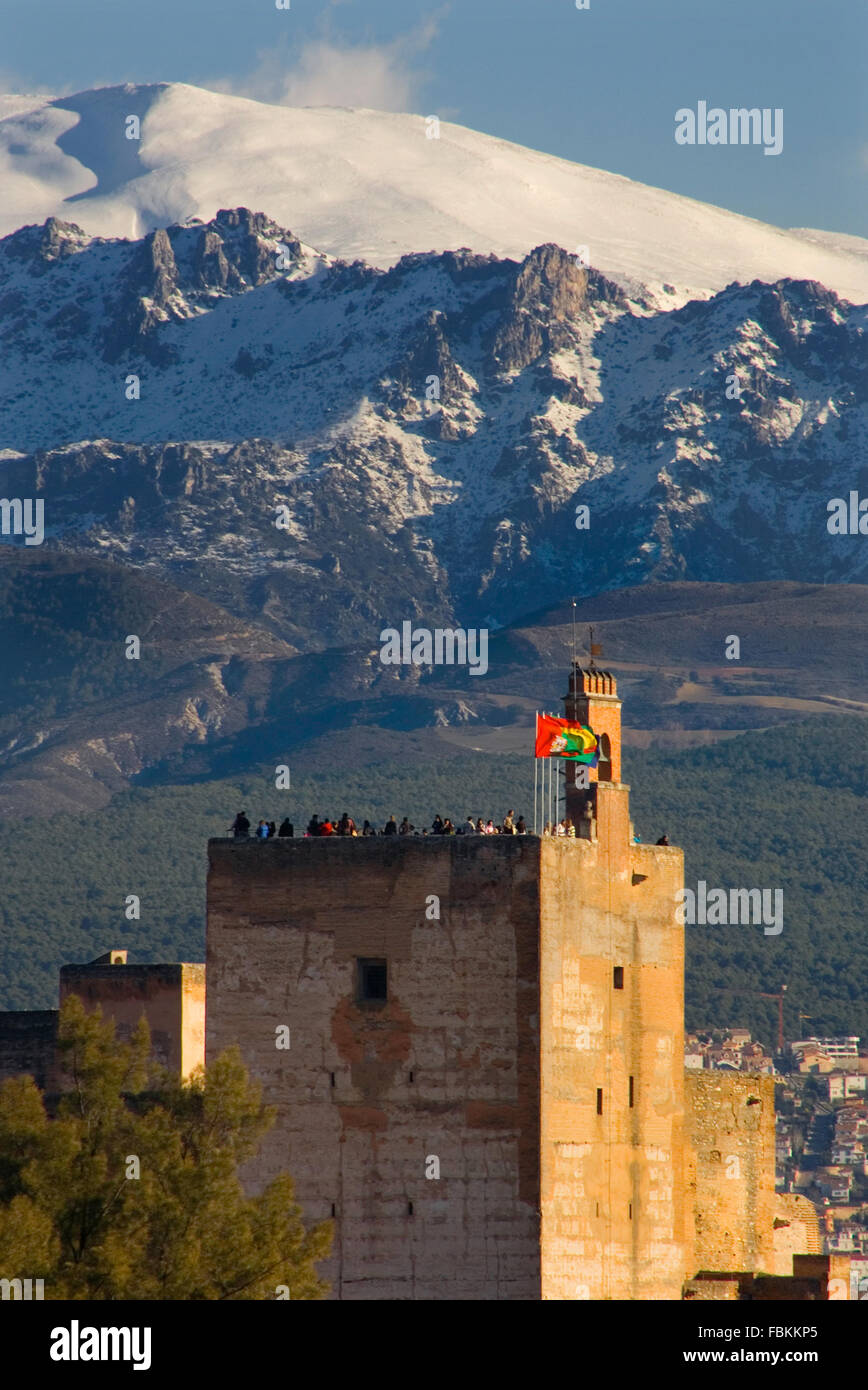 The Alhambra of Granada in Spain with Sierra Nevada snowy mountains as ...