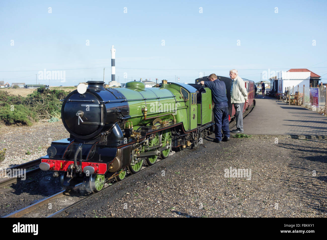 England, Kent, Dungeness. The miniature locomotive, 'Green Goddess' on ...