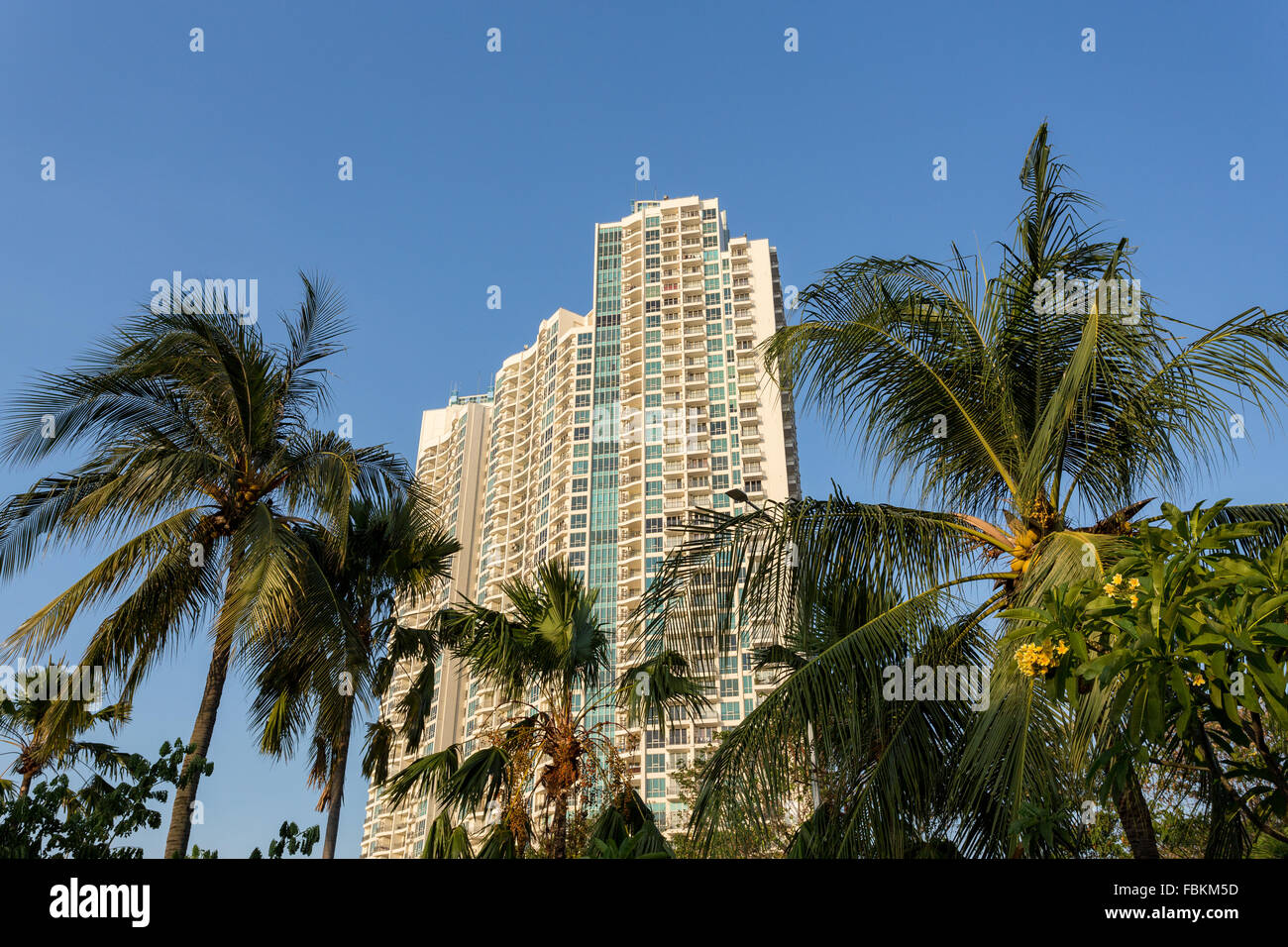Jakarta high-rise buildings on danau Ancol, near sea with coco palm in ...