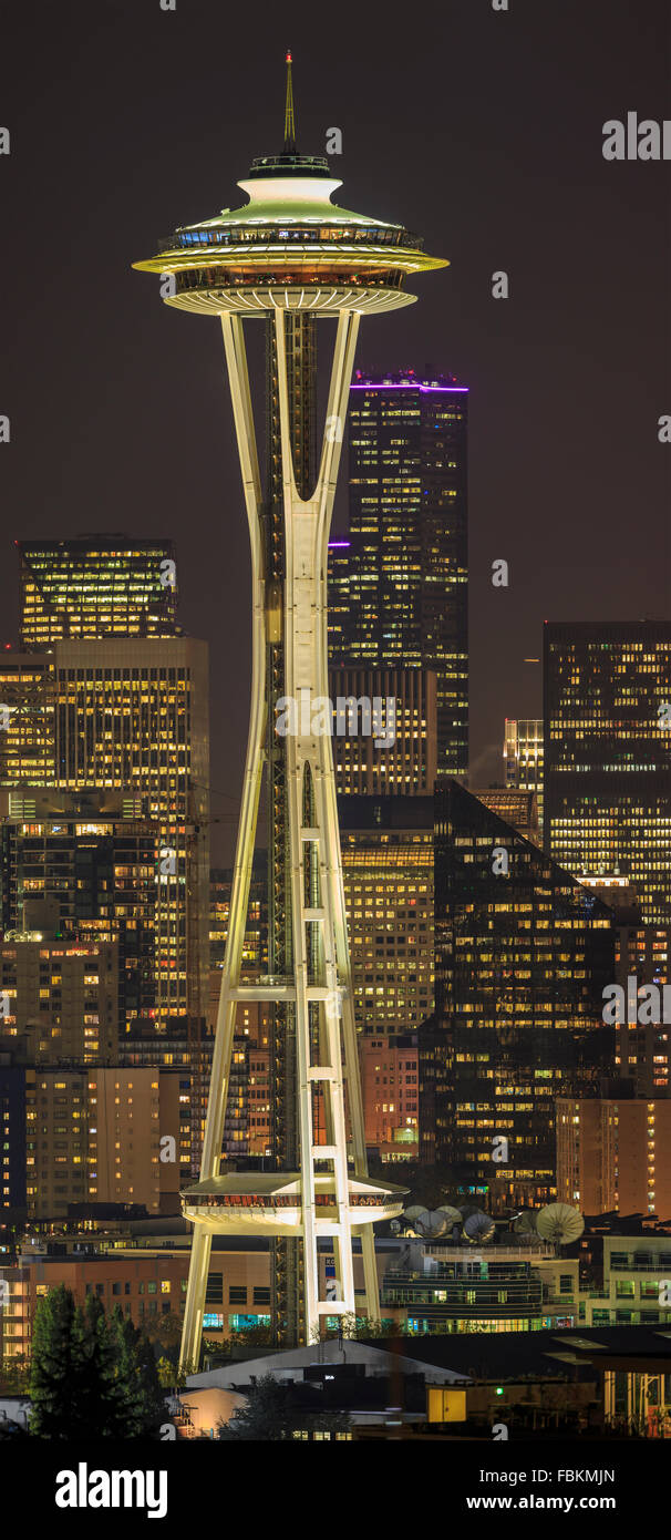 seattle, needle, space, skyline, washington, downtown, city, night ...
