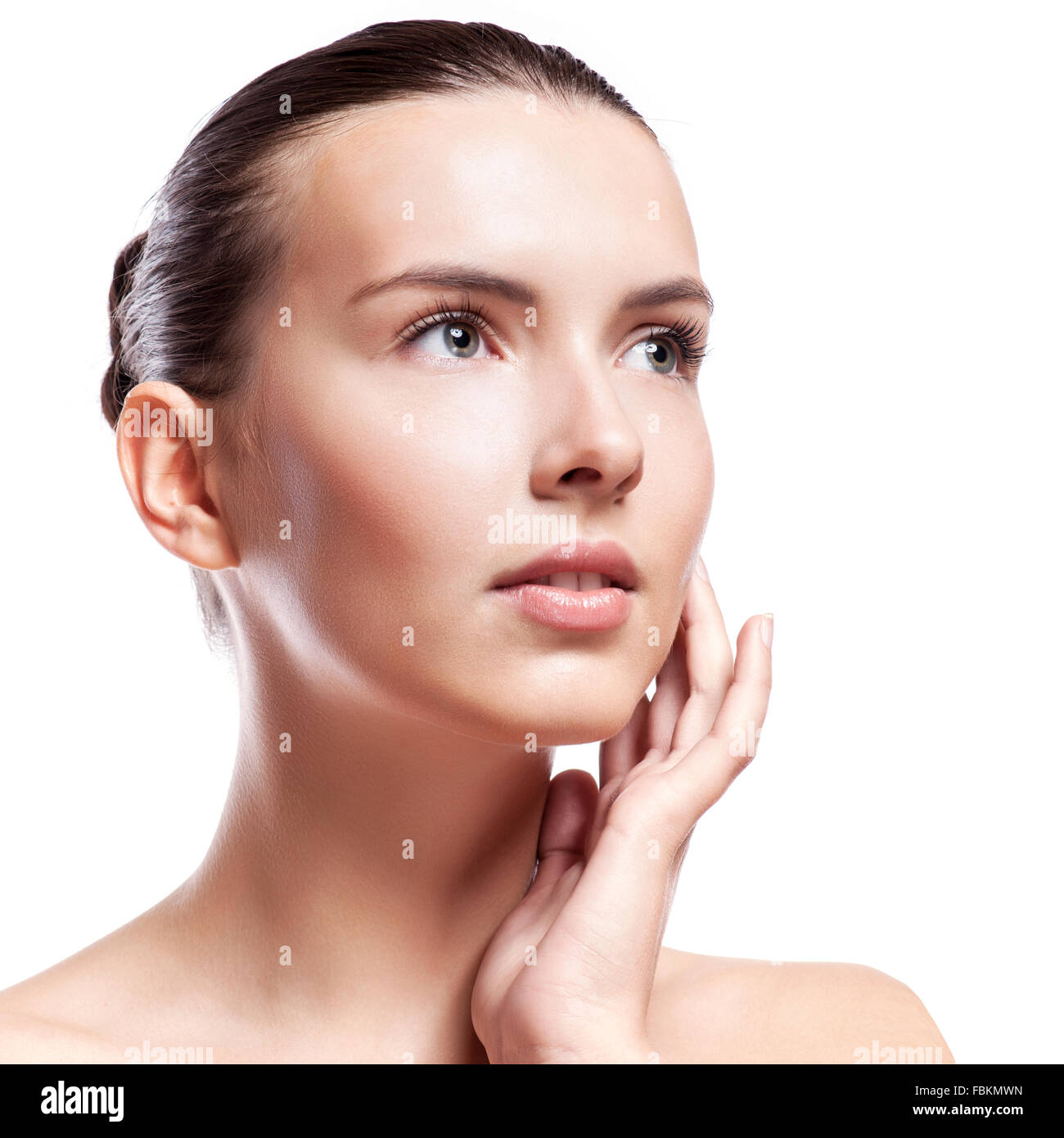 Beautiful face of young adult woman with clean fresh skin - isolated on ...