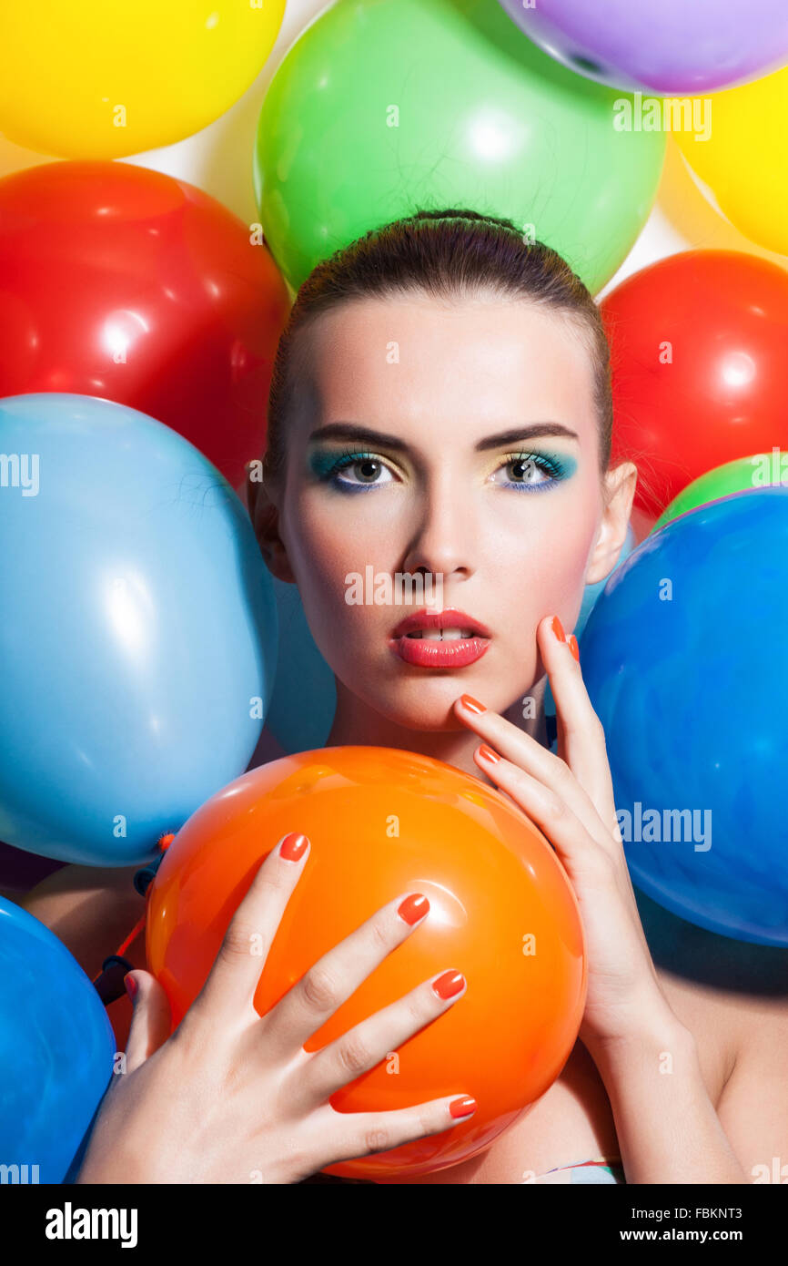 Beauty Girl Portrait With Colorful Makeup Nail Polish And Accessories