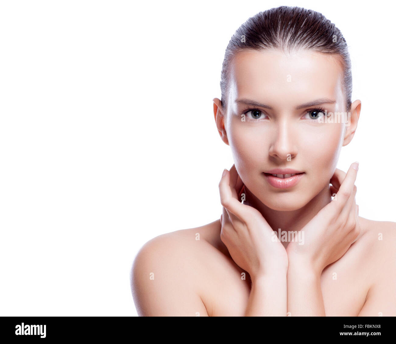 Beautiful face of young adult woman with clean fresh skin - isolated on ...