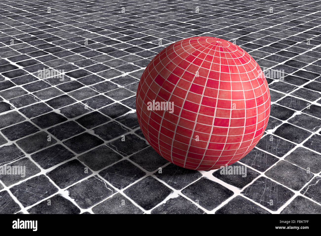 Three-dimensional red ceramic sphere on black ceramic floor ...