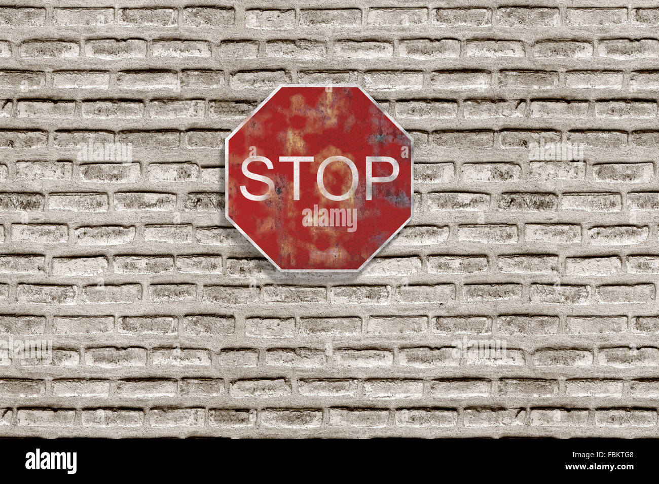 3d rendering of a stop traffic sign on brick three-dimensional wall ...
