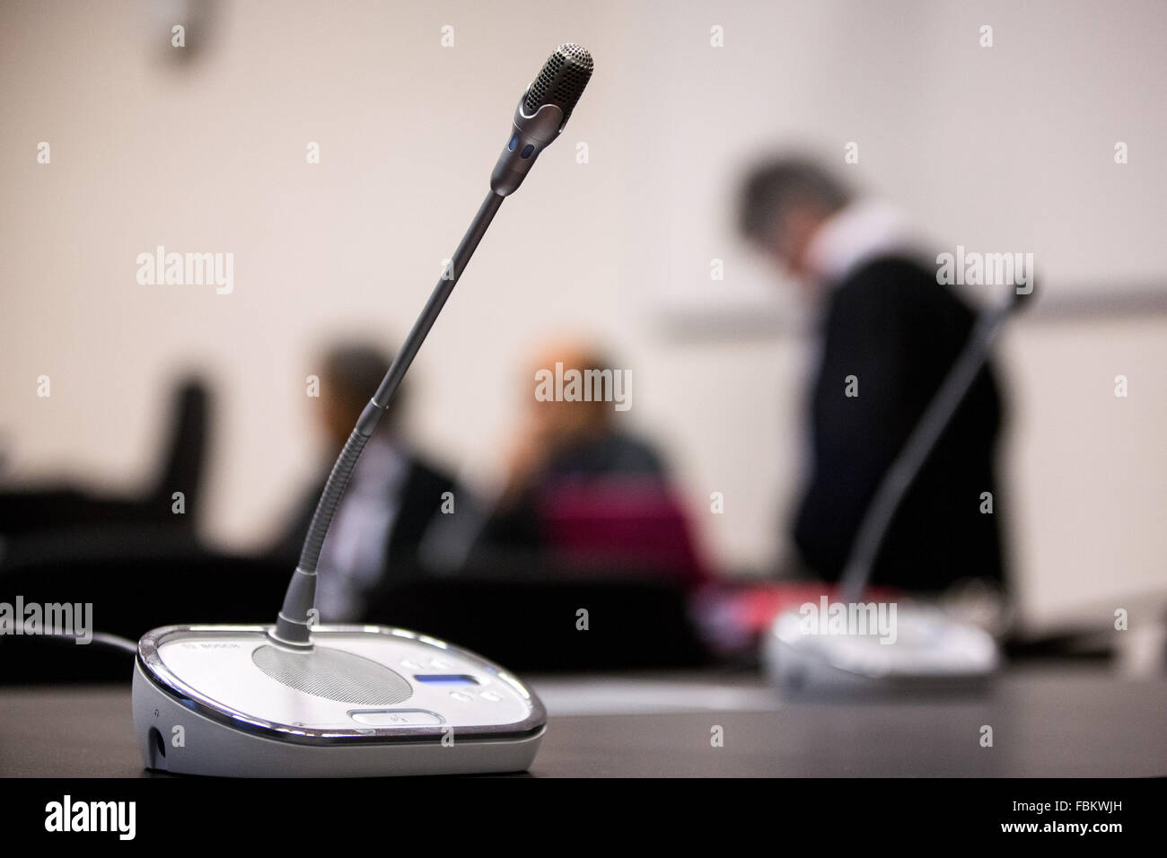Hamburg, Germany. 18th Jan, 2016. A microphone in the court room of the ...