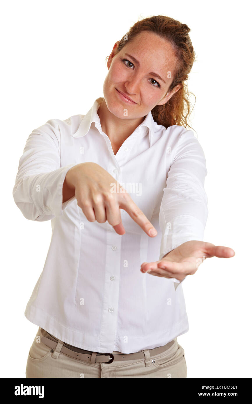 Business woman pointing with finger to her open palm of the hand Stock ...
