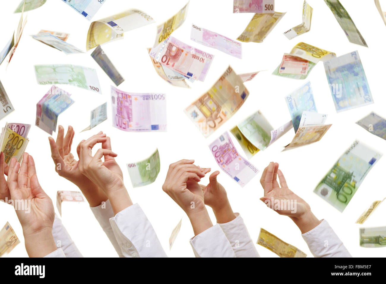 Many hands reaching for flying Euro paper money Stock Photo - Alamy