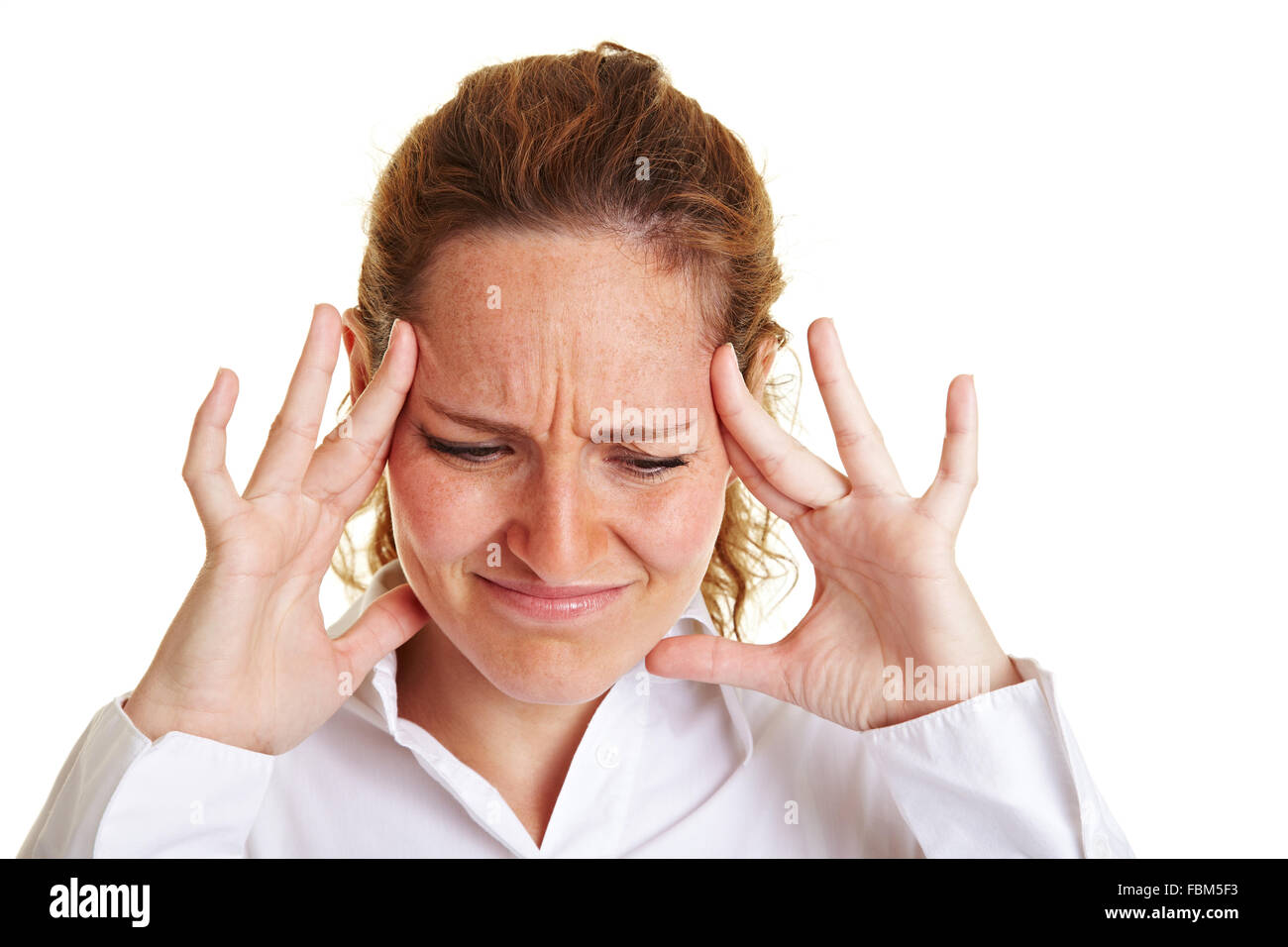 Business woman with headache holding hands to her aching temples Stock ...