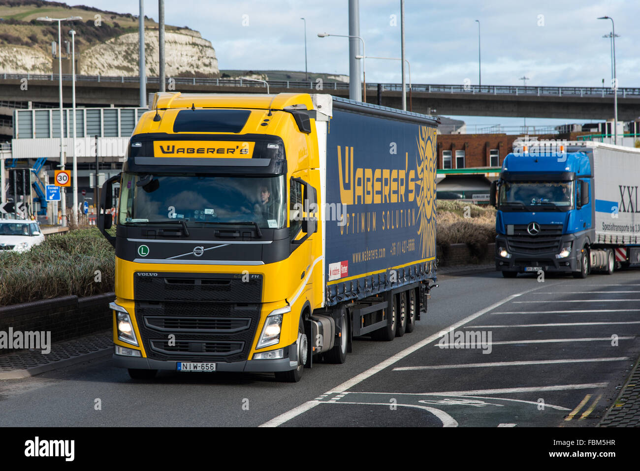Lorries leaving the Port of Dover after crossing from France Stock ...