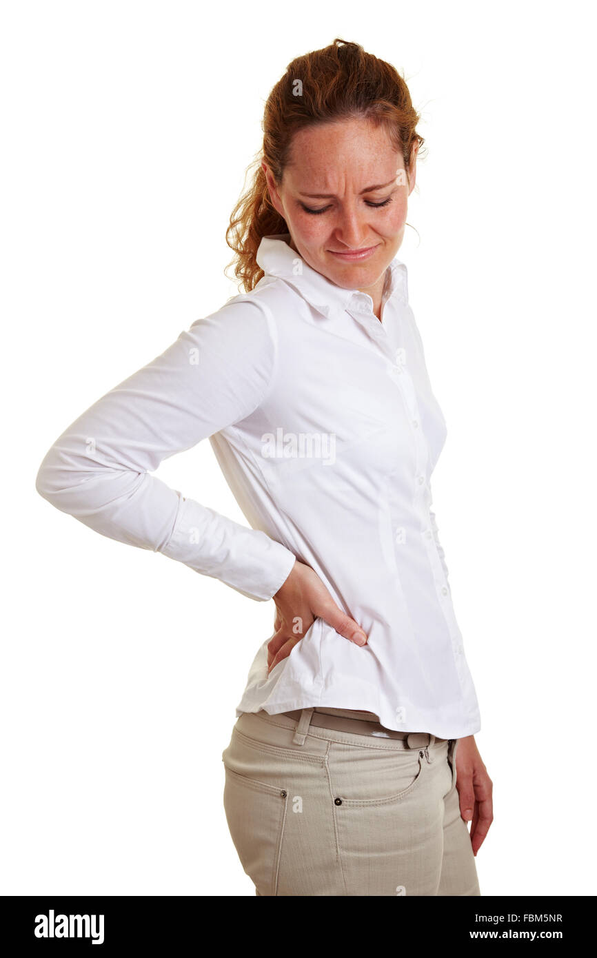 Business woman with back pain holding her aching hip Stock Photo - Alamy
