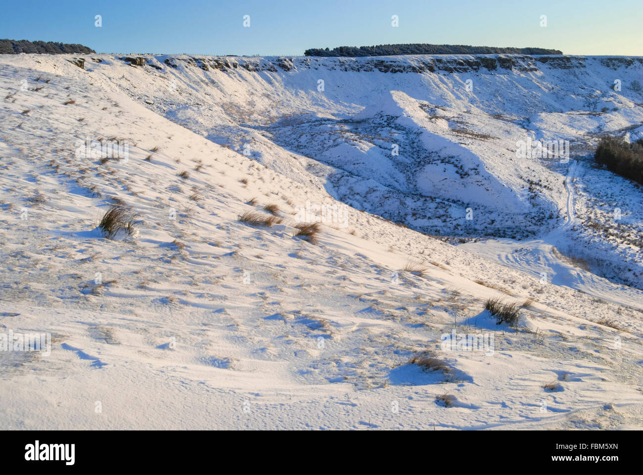 Windblown snow below Coombes edge above the village of Charlesworth in ...