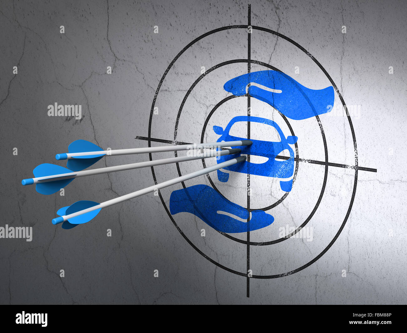 Insurance concept: arrows in Car And Palm target on wall background ...