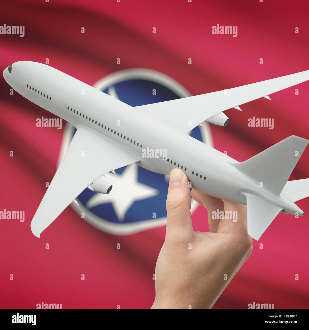 Airplane in hand with local US state flag on background series ...