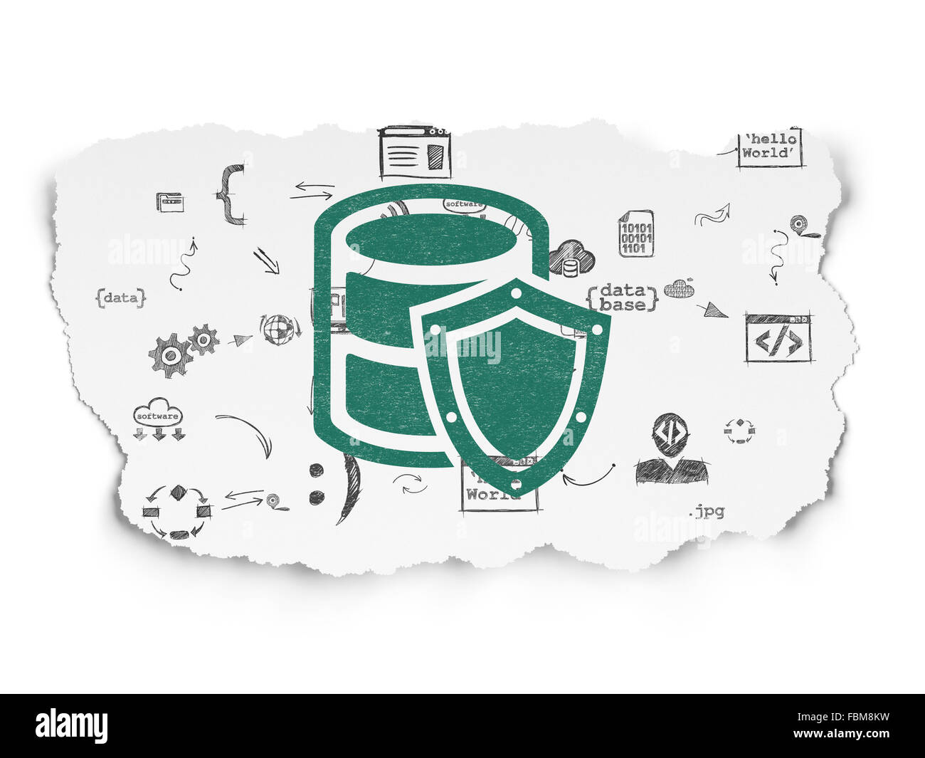 Database concept: Database With Shield on Torn Paper background Stock ...