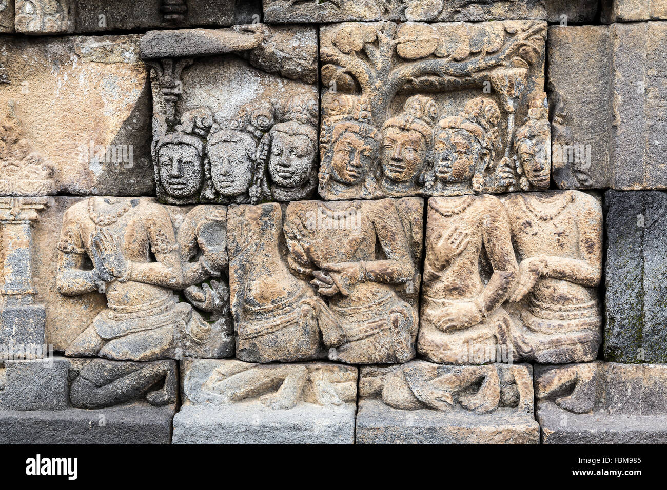 Relief panels of Borobudur temple in Indonesia. Borobudur is the ...