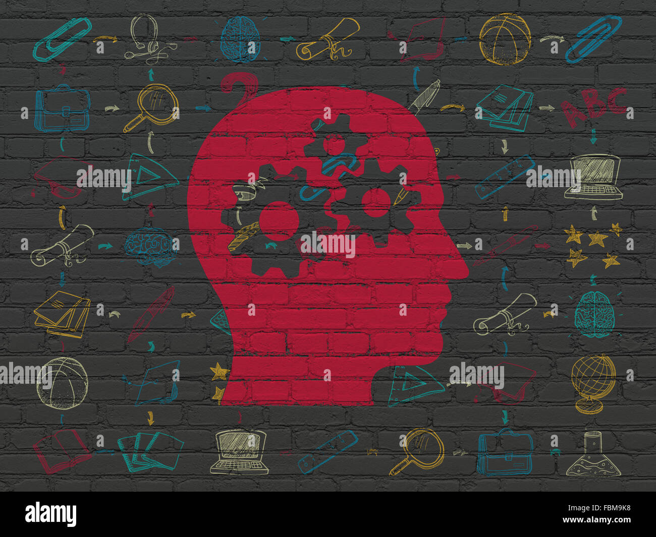 Learning concept: Head With Gears on wall background Stock Photo - Alamy
