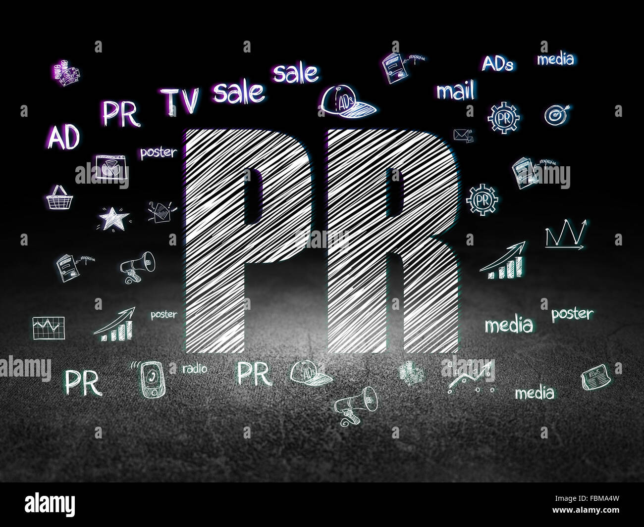 Advertising concept: PR in grunge dark room Stock Photo - Alamy