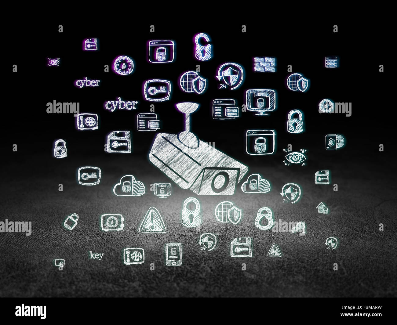 Protection concept: Cctv Camera in grunge dark room Stock Photo - Alamy