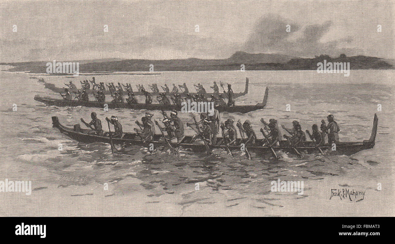 Maori Canoe Race. New Zealand, antique print 1888 Stock Photo - Alamy