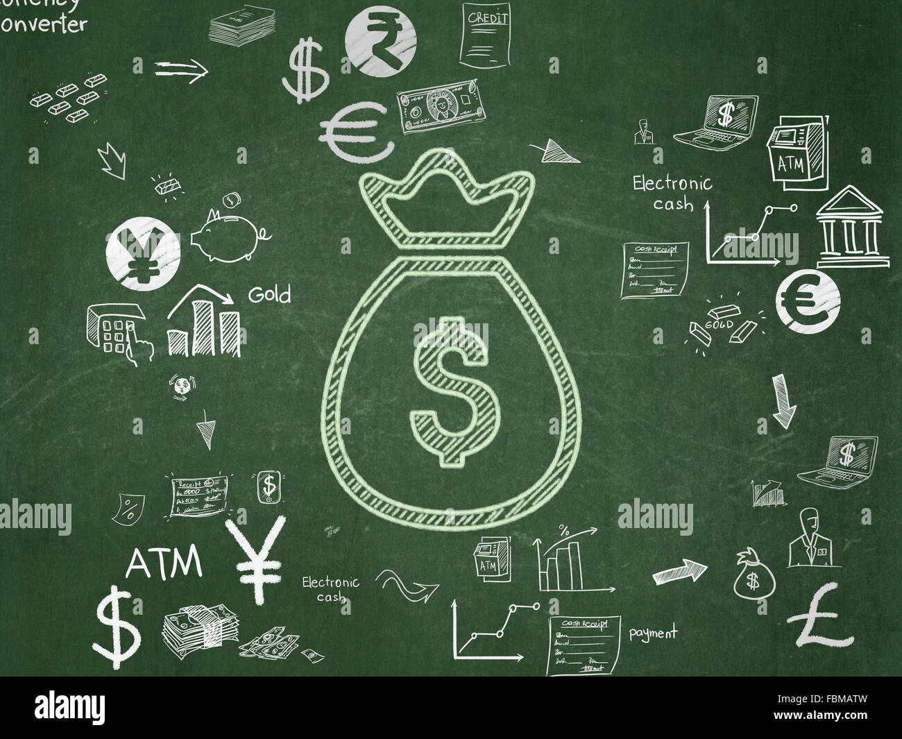 Currency concept: Money Bag on School Board background Stock Photo - Alamy