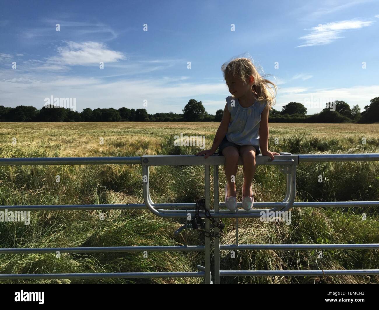 Girl sitting on a metal farm gate Stock Photo - Alamy