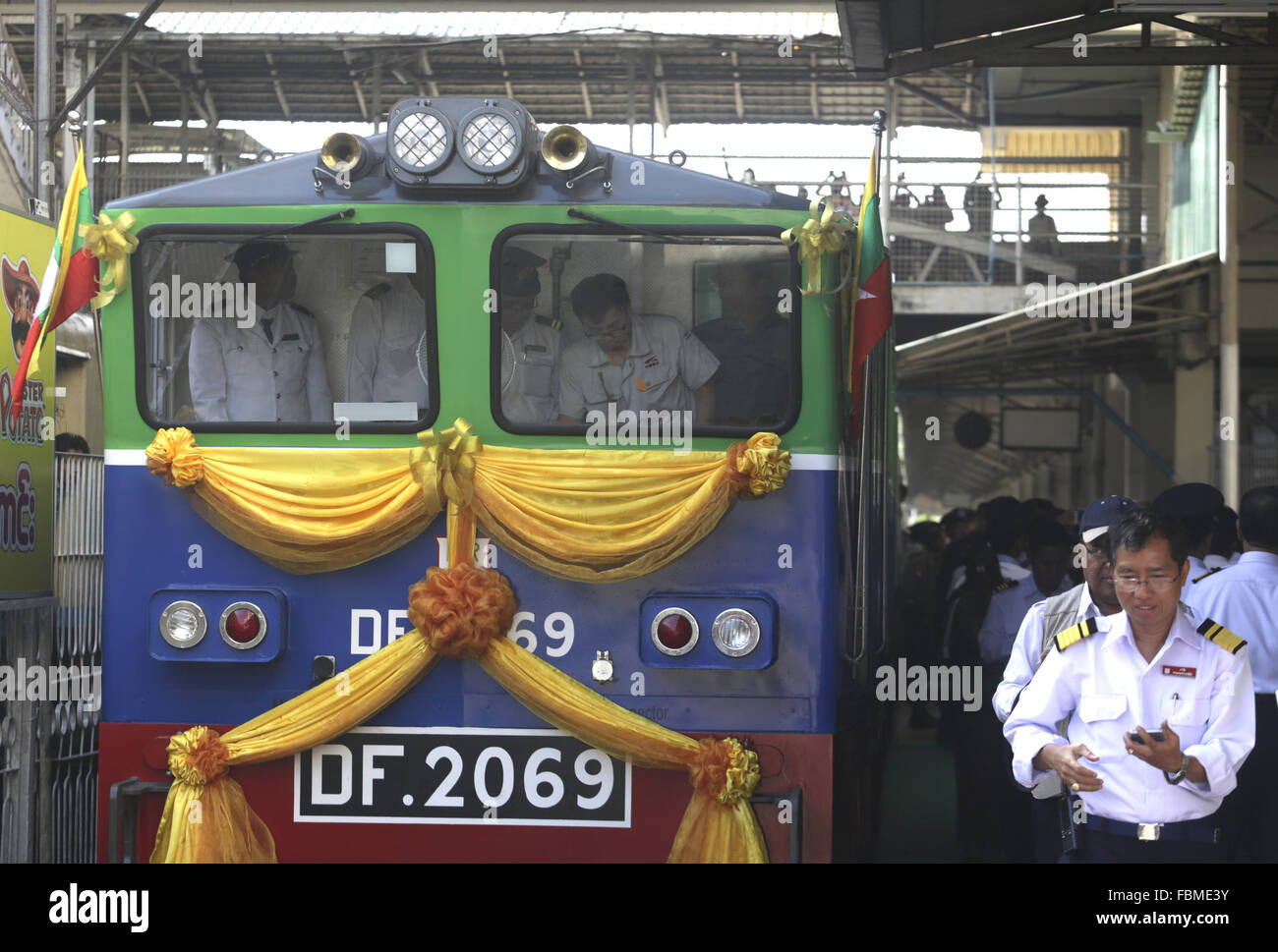 Yangon, Myanmar. 18th Jan, 2016. Myanmar train drivers and staff ...