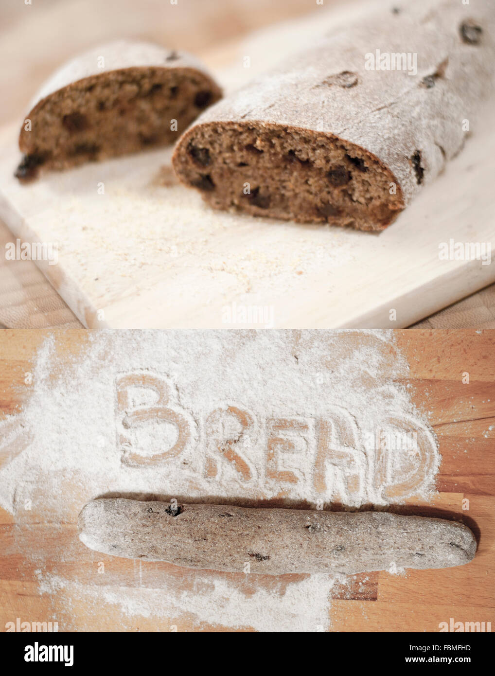 Homemade rye bread with raisins on a wood board and word "Bread ...