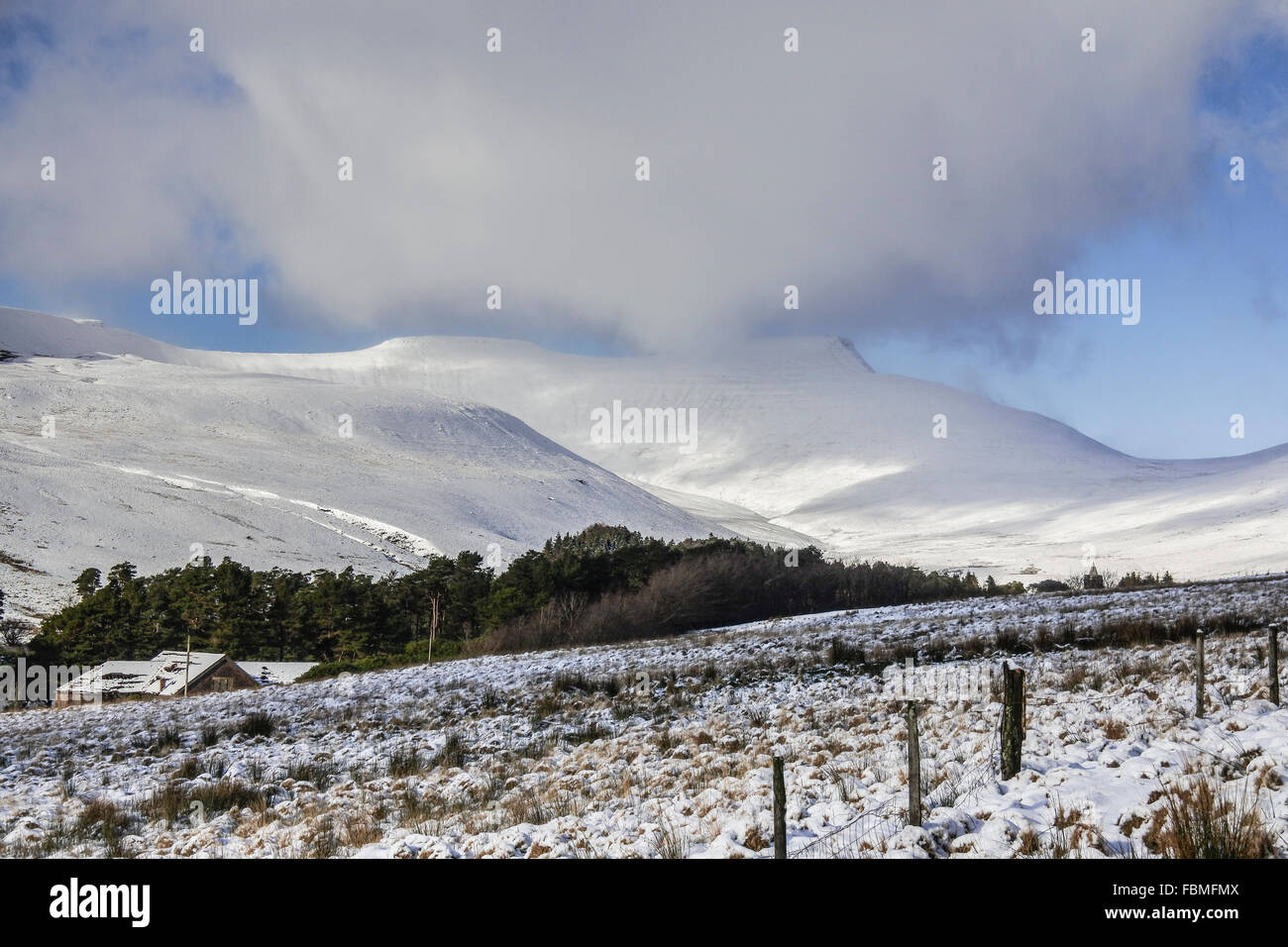 Snow-covered Pen y Fan, Corn Du and Cribyn viewed from the south in the ...