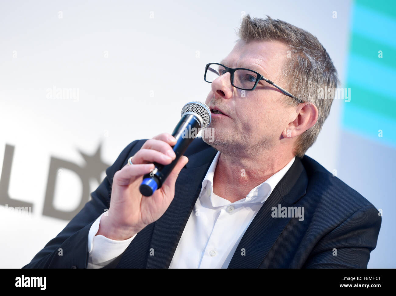 Munich, Germany. 18th Jan, 2016. O2 head Thorsten Dirk speaks at the ...