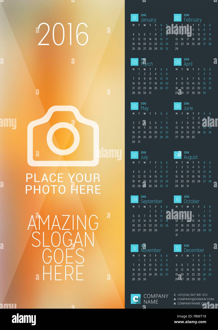 Wall Calendar Poster for 2016 Year. Vector Design Print Template with ...