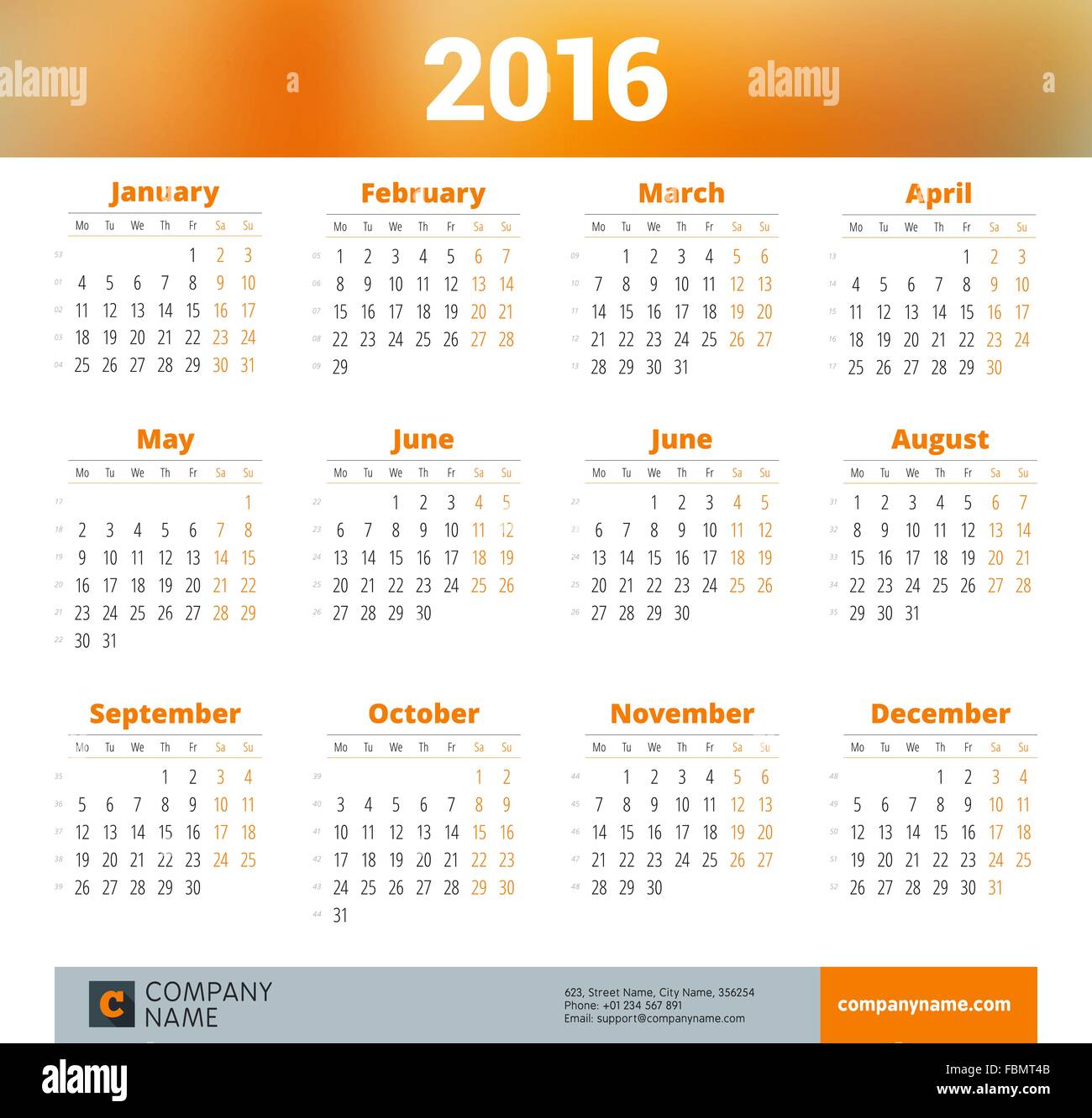 Calendar for 2016 Year. Vector Design Print Template with Place for ...