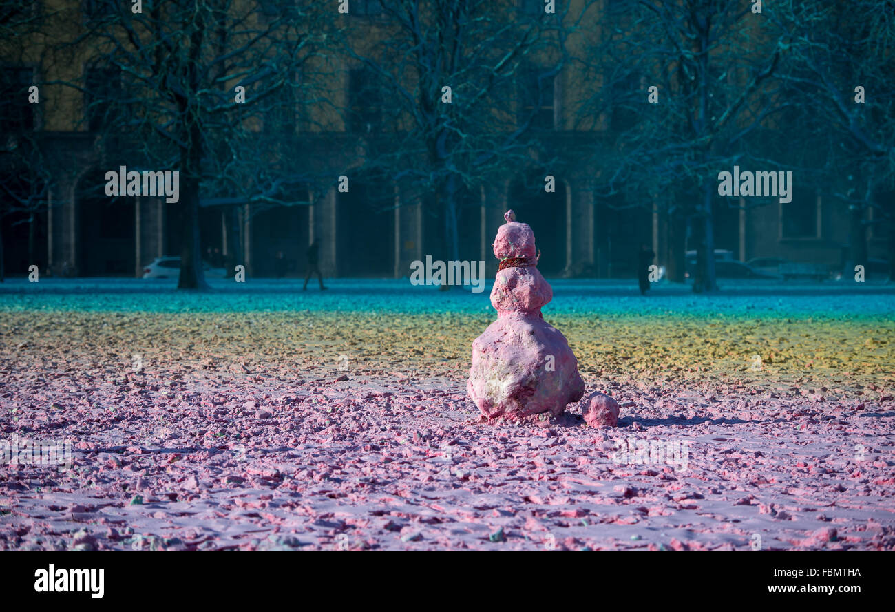 Munich, Germany. 18th Jan, 2016. A snowman made from colourful ...
