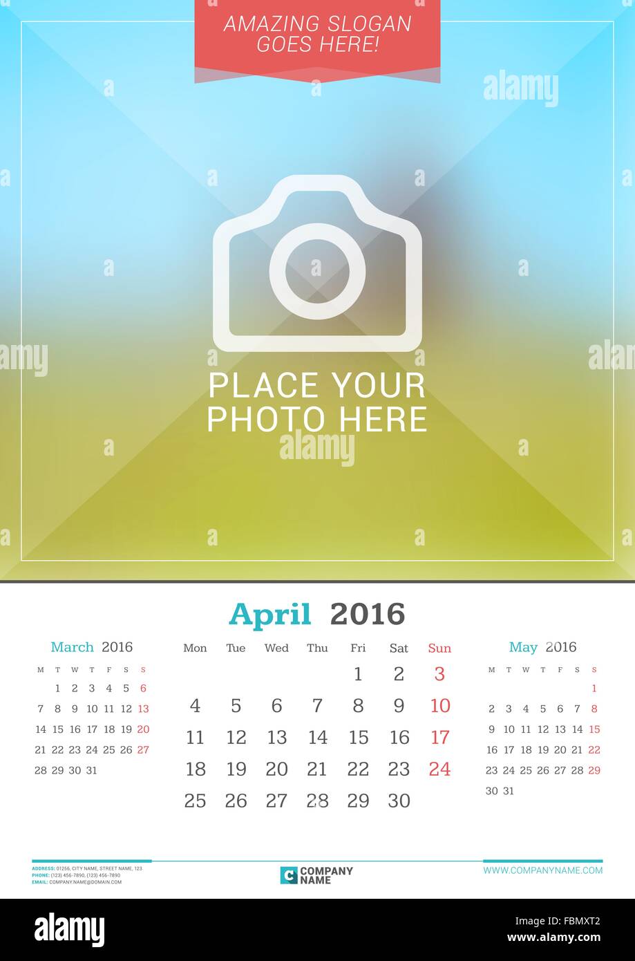 April 2016. Wall Monthly Calendar for 2016 Year. Vector Design Print ...