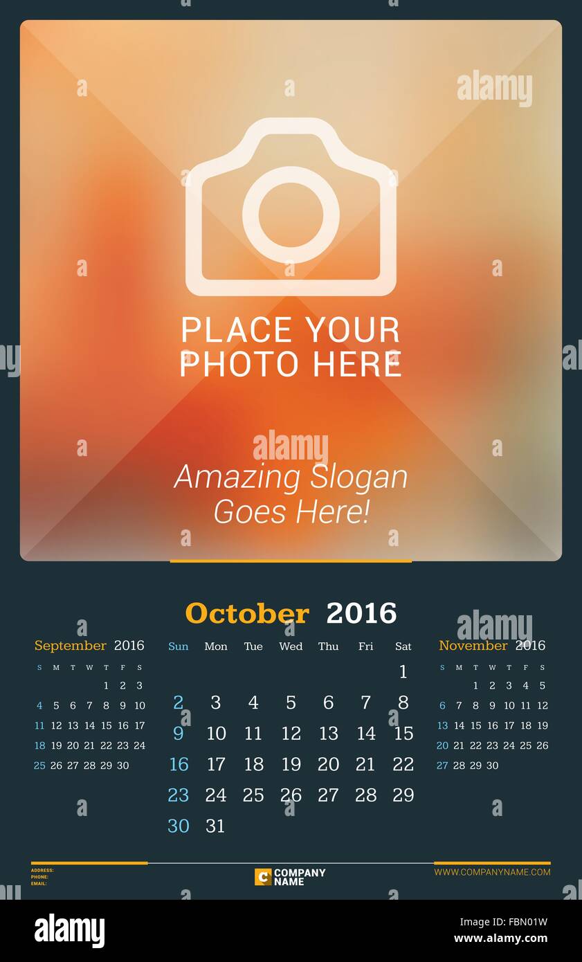 October 2016. Wall Monthly Calendar for 2016 Year. Vector Design Print ...