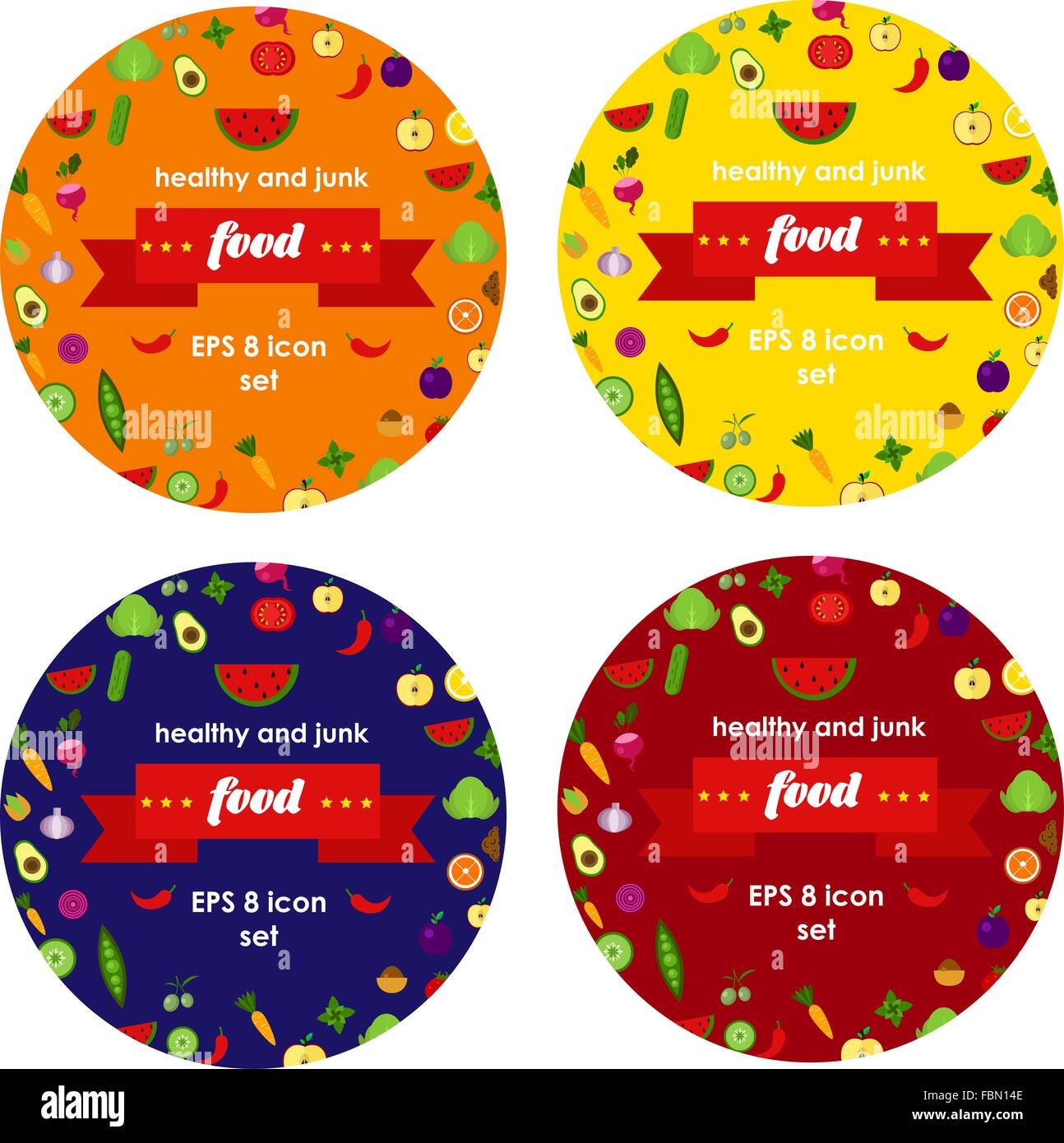 vector vegetables and fruits illustrations in four round stickers Stock ...